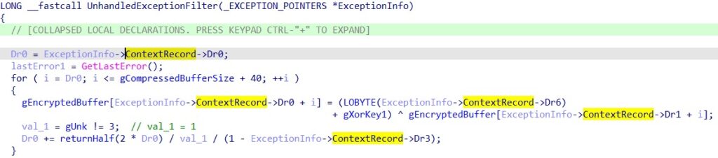 First iteration of XOR decryption in the unpacking function Second ...